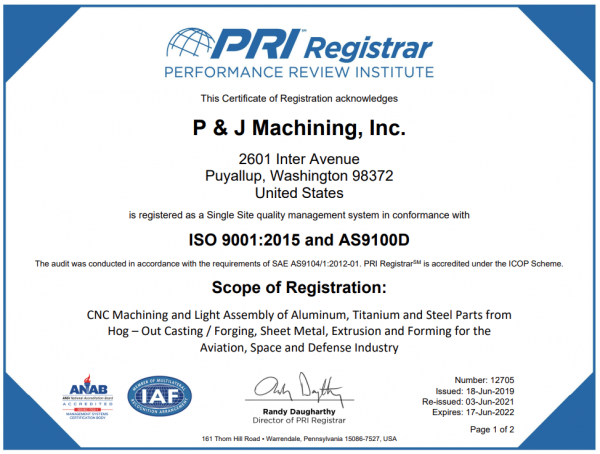 AS9100 Certificate | P & J Machining - AS9100